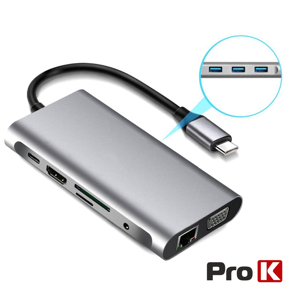 Hub USB-C P/ USB-C/ 3xUSB / VGA / HDMI / Audio/ RJ45/Cartões ...