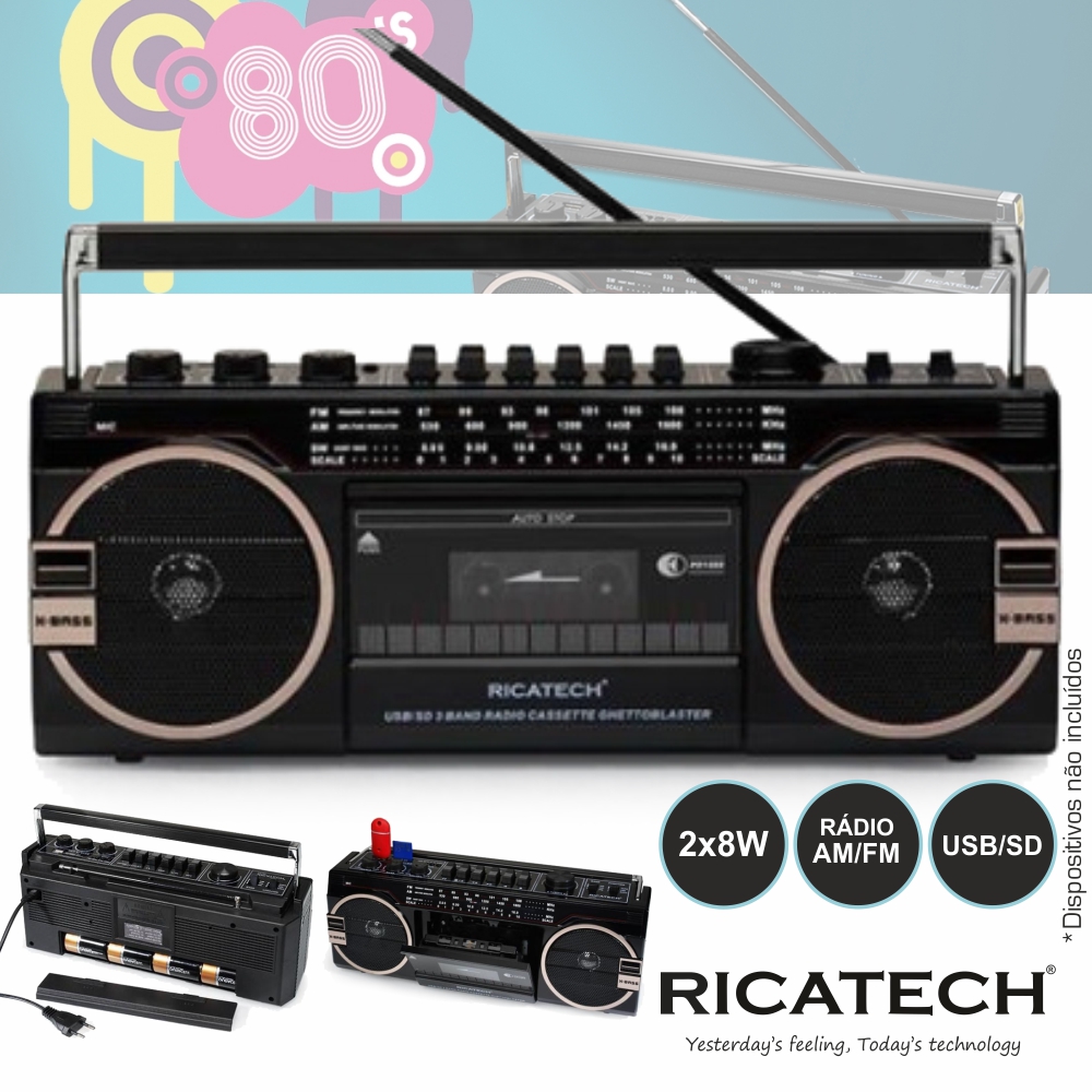 RÁDIO PORTÁTIL AM/FM 2x8W 80s USB/SD RETRO RICATECH – Ledistronica, Lda